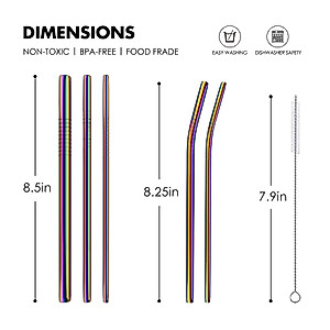 Vzaahu 12-Pack Reusable Stainless Steel Rainbow Metal Straws with Case and Brush - Eco Friendly Long Drinking Straws for 20 24 30oz Yeti Tumblers Mason Jar Dishwasher Safe