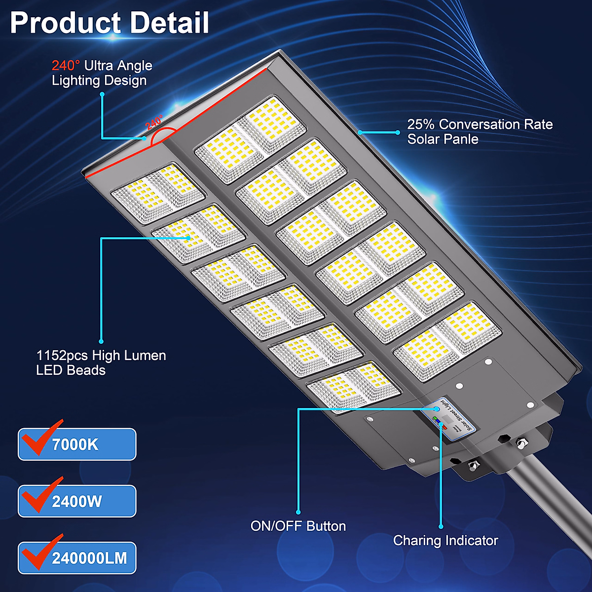 Jadisi 1-Pack Solar Parking Lot Lights,4800W Solar Street Light 240000LM Dusk to Dawn Street Lights Solar Powered, IP67 Waterproof Solar Wide Angle Lamp with Motion Sensor for Yard, Road