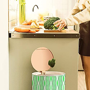 Small Trash Can with Lid Full Seamless Vertical Lines Texture Colorful Women Dress Fabric Print Waste Bin with Wood Legs Press Cover Wastebasket Round Garbage Bin for Kitchen Bathroom Bedroom Office