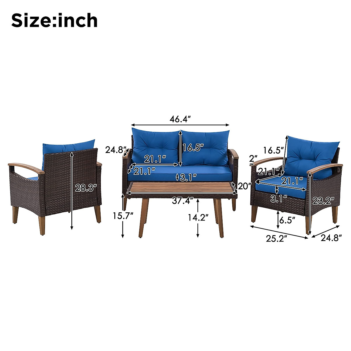 Hlcodca 4 Piece Wicker Patio Conversation Furniture Set,PE Rattan Patio Seating Set with Acacia Wood Tabletop and Legs, Outdoor Sofa Set for Balcony, Porch, Backyard (Brown and Blue/)