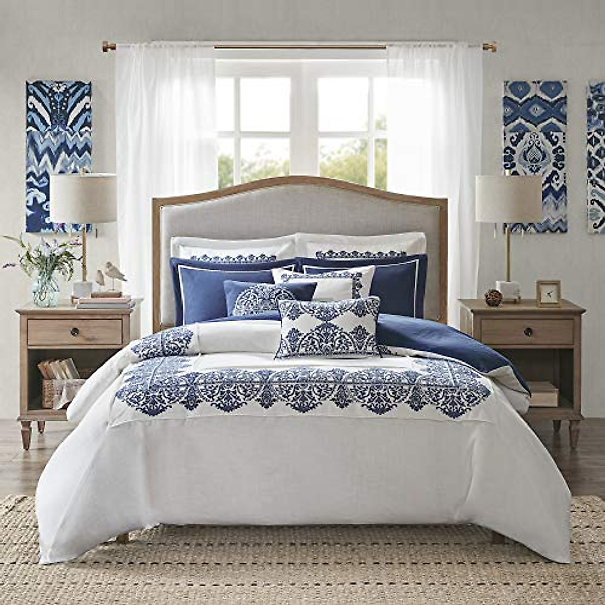 Madison Park Signature Cozy Comforter Set - All Season Bedding Combo Filled Insert and Removable Duvet Cover, Shams, Decorative Pillows, Queen (92 in x 96 in), Bohemian Blue 9 Piece