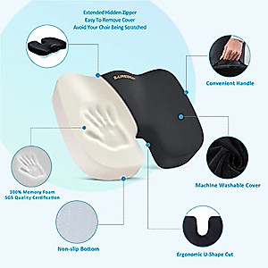 SAIREIDER Seat Cushion and Lumbar Support Pillow for Office Chair, Memory Foam Car Seat Chair Cushions Back Support Pillows, Help Relieve Pain of Back, Lumbar, Tailbone and Sciatic Nerve（Black）