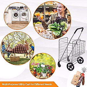 Wellmax Shopping Cart with Wheels, Metal Grocery Cart with Wheels, Shopping Carts for Groceries, Folding Cart for Convenient Storage and Holds Up to 66lbs, Dual Swivel Wheels and Extra Basket, Silver