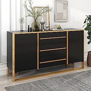 59" L Sideboard Buffet Cabinet, Modern Kitchen Storage Cabinet with 3 Drawer & 2 Doors Wood Cupboard Console Table with Gold Metal Legs Entryway Table Console Cabinet for Dining Living Room, Black
