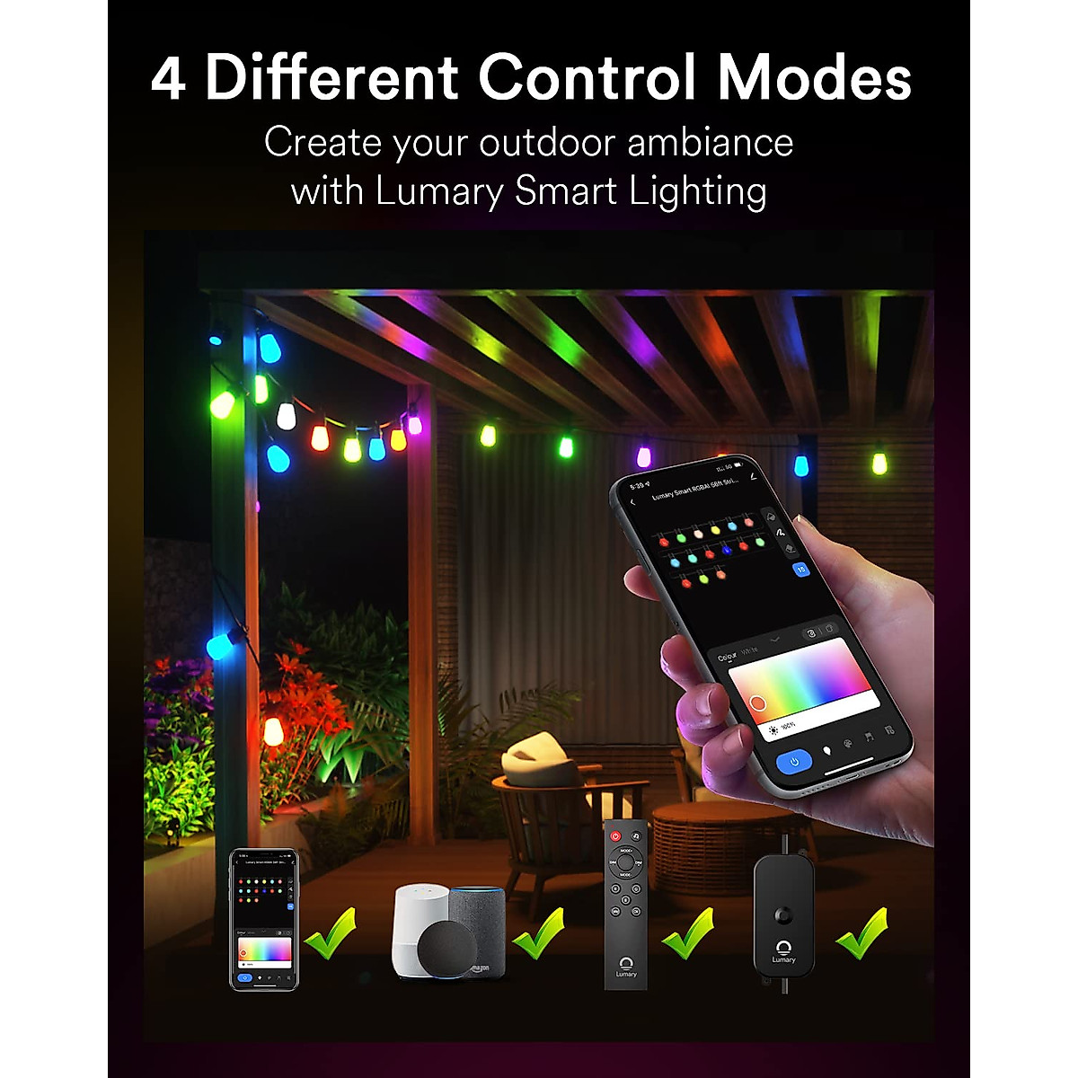 Lumary 56FT Smart Outdoor String Lights with APP/Remote/Voice Control, RGBAI Color Changing Patio Lights with Warm White 15+1 LED Bulbs, Permanent Outdoor Lights IP65 Waterproof