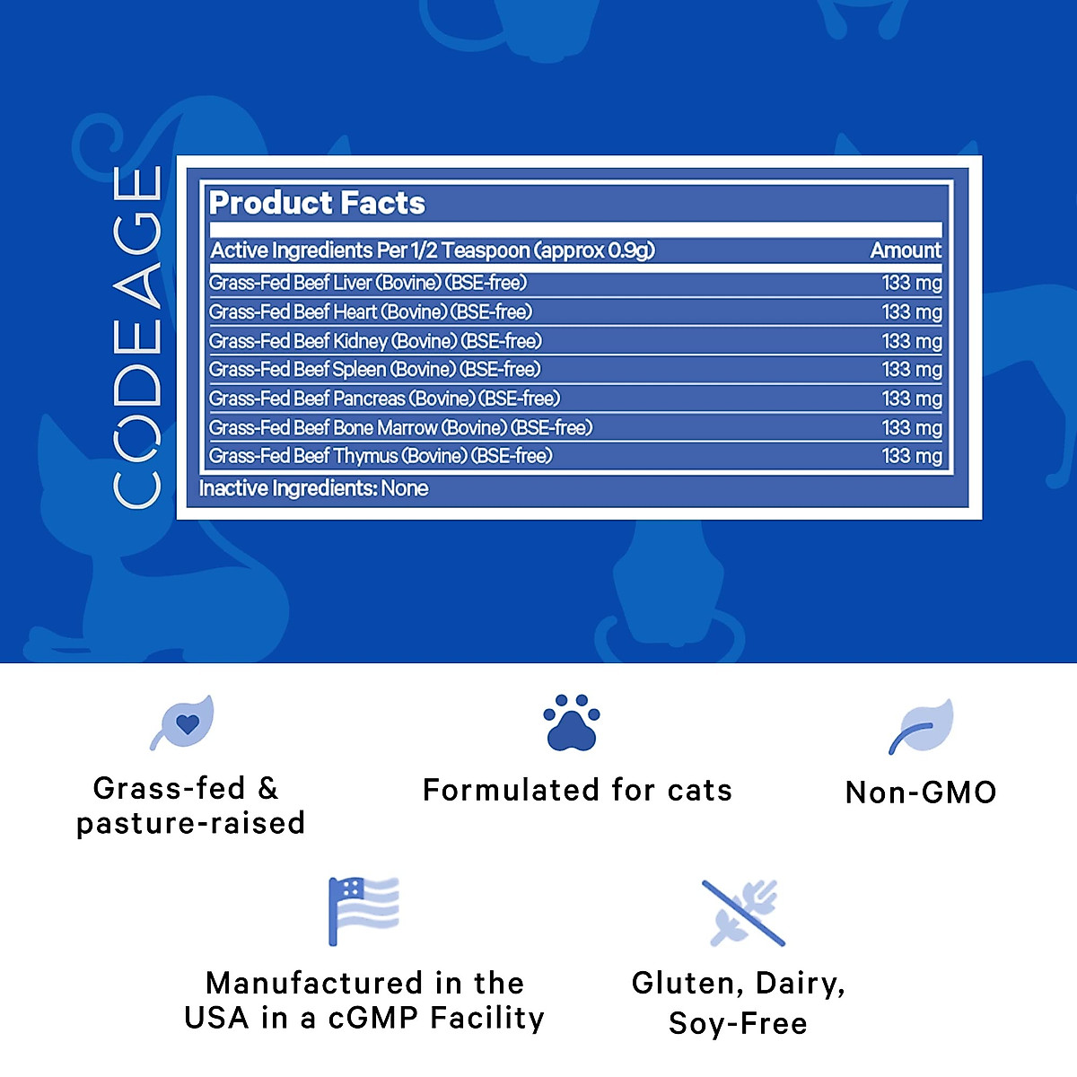 DNA PET Happy Healthy Organs & Glands Supplement For Cats, Freeze-Dried Raw Bovine Liver Grass-Fed Bone Marrow Heart Kidney Pancreas, Bovine Thymus Iron Multi Organ Powder, Joints Cat Vitamins 1.48 oz