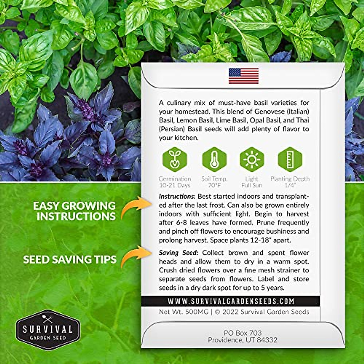 Survival Garden Seeds - Culinary Basil Mix - Packet with Instructions to Plant and Grow Genovese, Lemon, Lime, Opal & Thai Basil Herbs Your Home Vegetable Garden - Non-GMO Heirloom Varieties