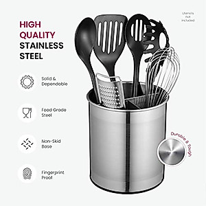 Extra-Large Stainless Steel Kitchen Utensil Holder - 360° Rotating Utensil Caddy - Weighted Base for Stability - Utensil Crock With Removable Divider for Easy Cleaning - Countertop Utensil Organizer.