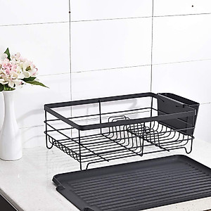 Popity home Dish Drying Rack, Large Kitchen Dish Drying Rack, Metal Dish Rack, Drying Rack with Black Drainboard, Spoons and Knives Storage Box