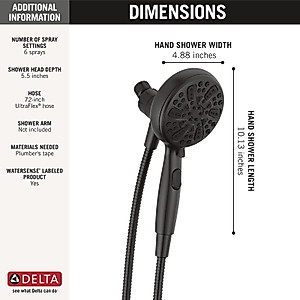 Delta Faucet 6-Setting SureDock Magnetic Shower Head with Handheld Spray, Black Shower Head with Hose, Round Shower Head, Showerheads & Handheld Showers, MagnaTite Docking, Matte Black 75609BL