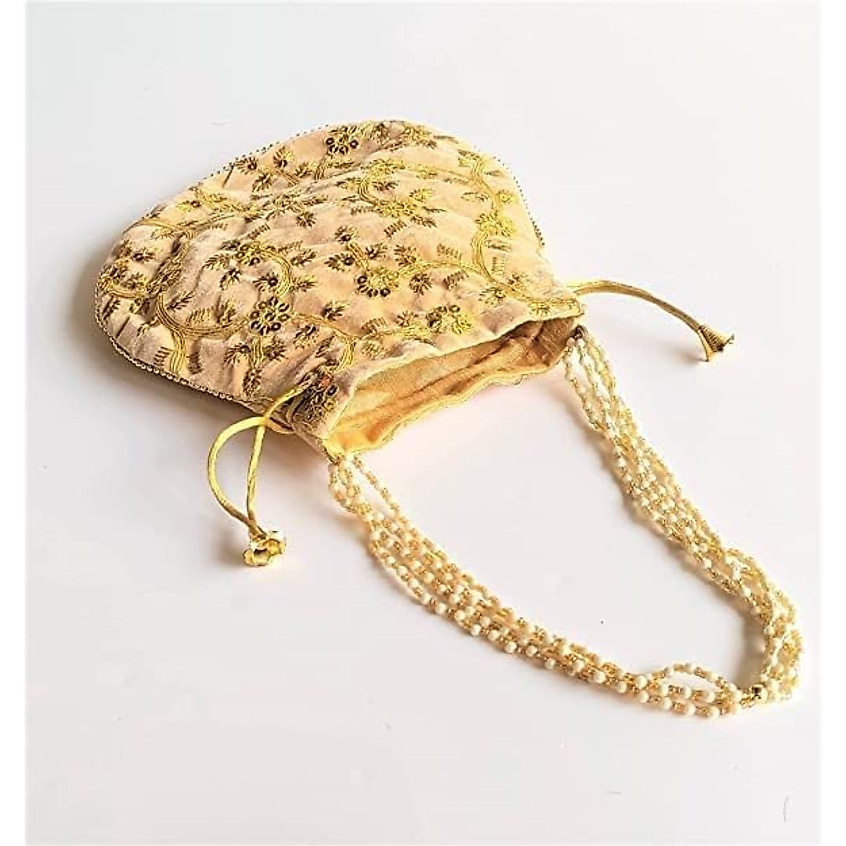 Eyesart Fashion Potli Bag For Women Ethnic Designer Embroidery Ethnic Velvet Potli bag Ladies Handbag Purse for Bridal Party wedding and Gifting Batwa Pearls Handle With Intricate (Cream)