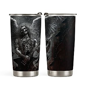20oz Metal Rock Skull Reaper Electric Guitar Tumbler, Guitarist, Musician Gifts, Coffee Thermos for Men, Stainless Steel Double Wall Vacuum Insulated Coffee Mug, Travel Cup with Lid