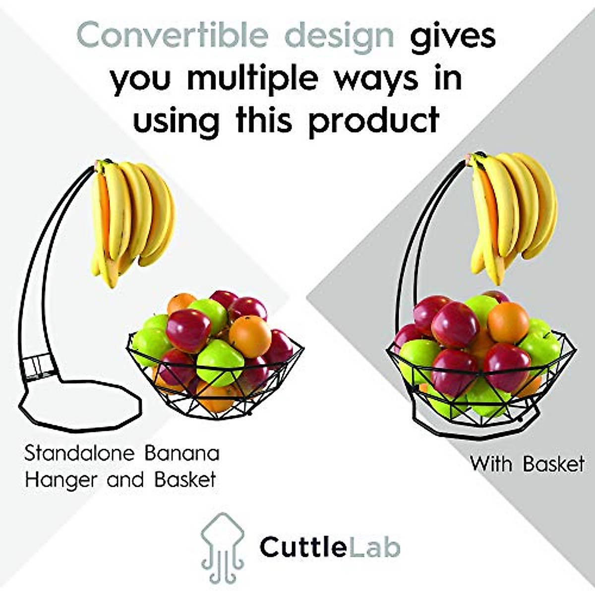 CuttleLab Fruit Basket with Banana Hanger (Black, 1-Tier), Fruit Bowl with Banana Holder, Fruit Bowl for Kitchen Counter used as Bread Basket, Vegetable Basket, Fruit Stand,Egg Holder with Banana Tree