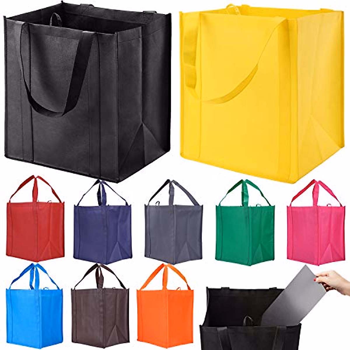 NERUB 10 Pack Reusable Reinforced Handle Grocery Bags - Heavy Duty Large Shopping Totes with Thick Plastic Bottom can hold 40 lbs