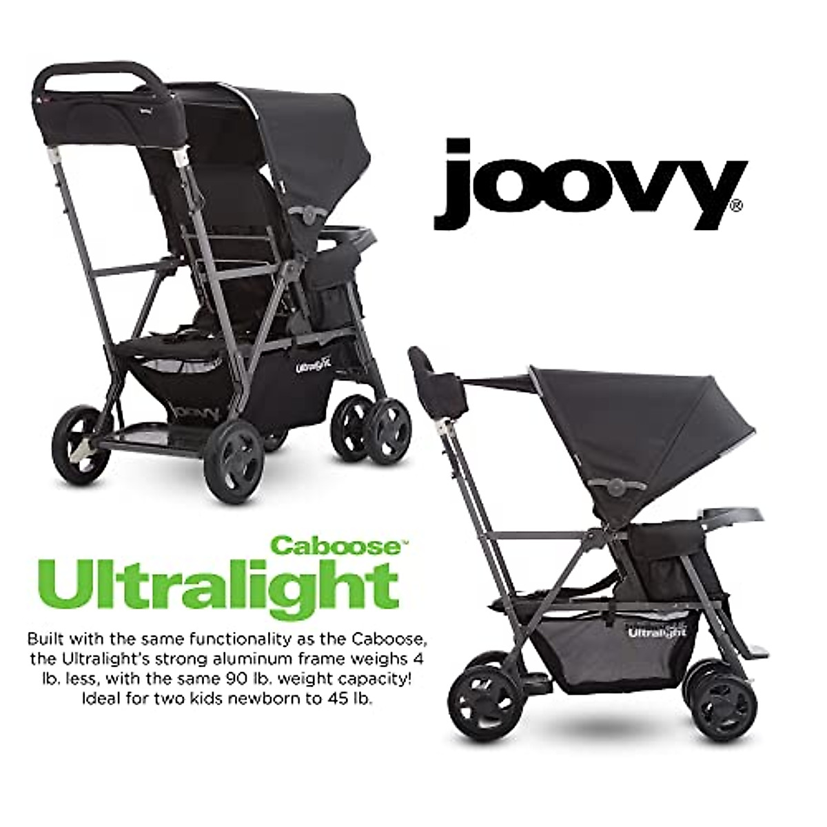 Joovy Caboose Ultralight Sit and Stand Double Stroller with Rear Bench and Standing Platform, 3-Way Reclining Seats, Optional Rear Seat, and Universal Car Seat Adapter (Black)