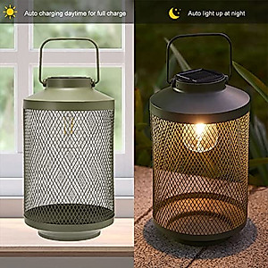 1 Pack Large Solar Lantern Outdoor Hanging - Decorative Green Tabletop Edison LED Metal Light for Garden, Patio, Yard, Porch, Pathway, Driveway, and Camping - Warm White Lighting