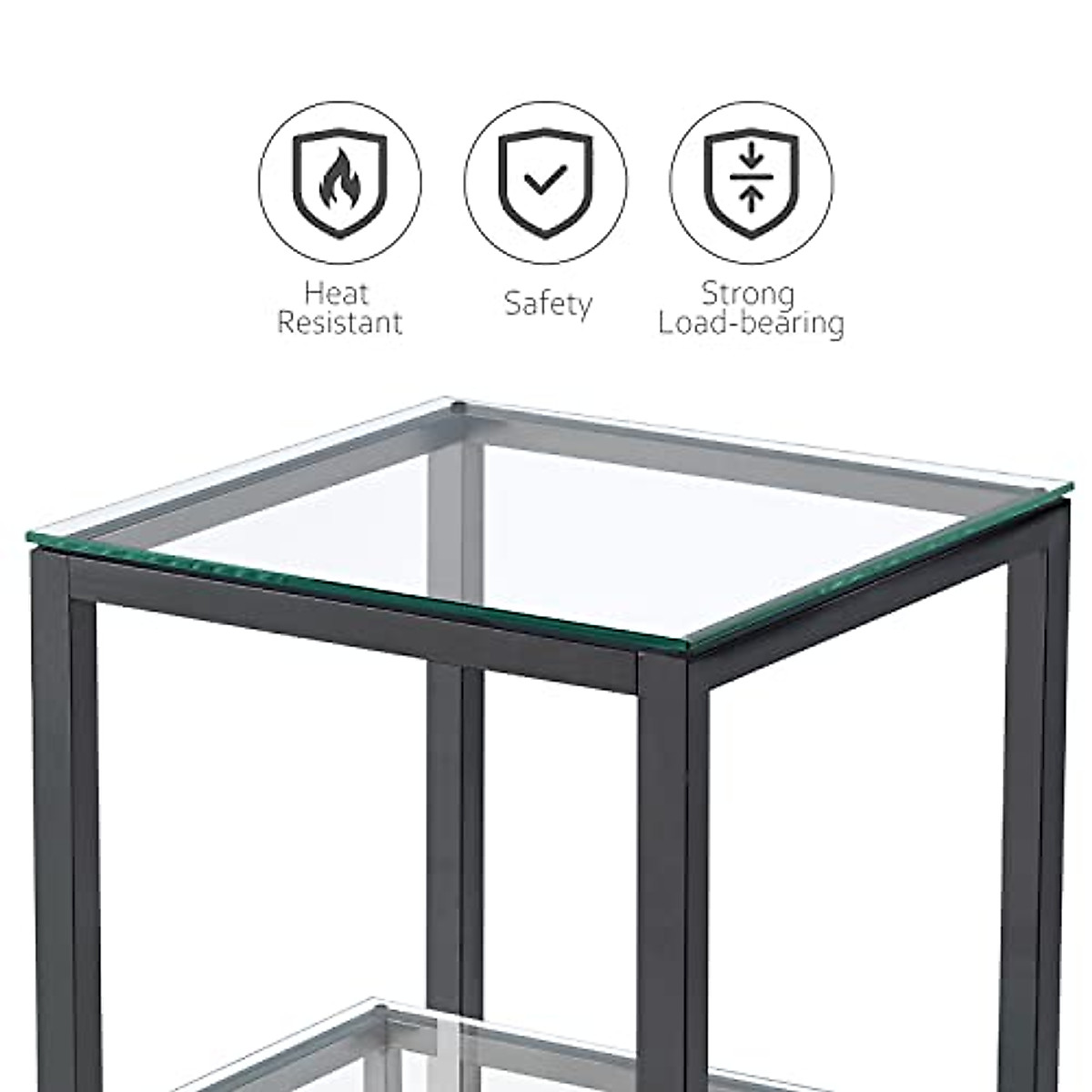 Glass End Table Square,Modern Glass Side Table with 2 Tier Shelf Coffee Table,Black Metal Frame Glass Top Table for Living Room,Balcony,Bedroom