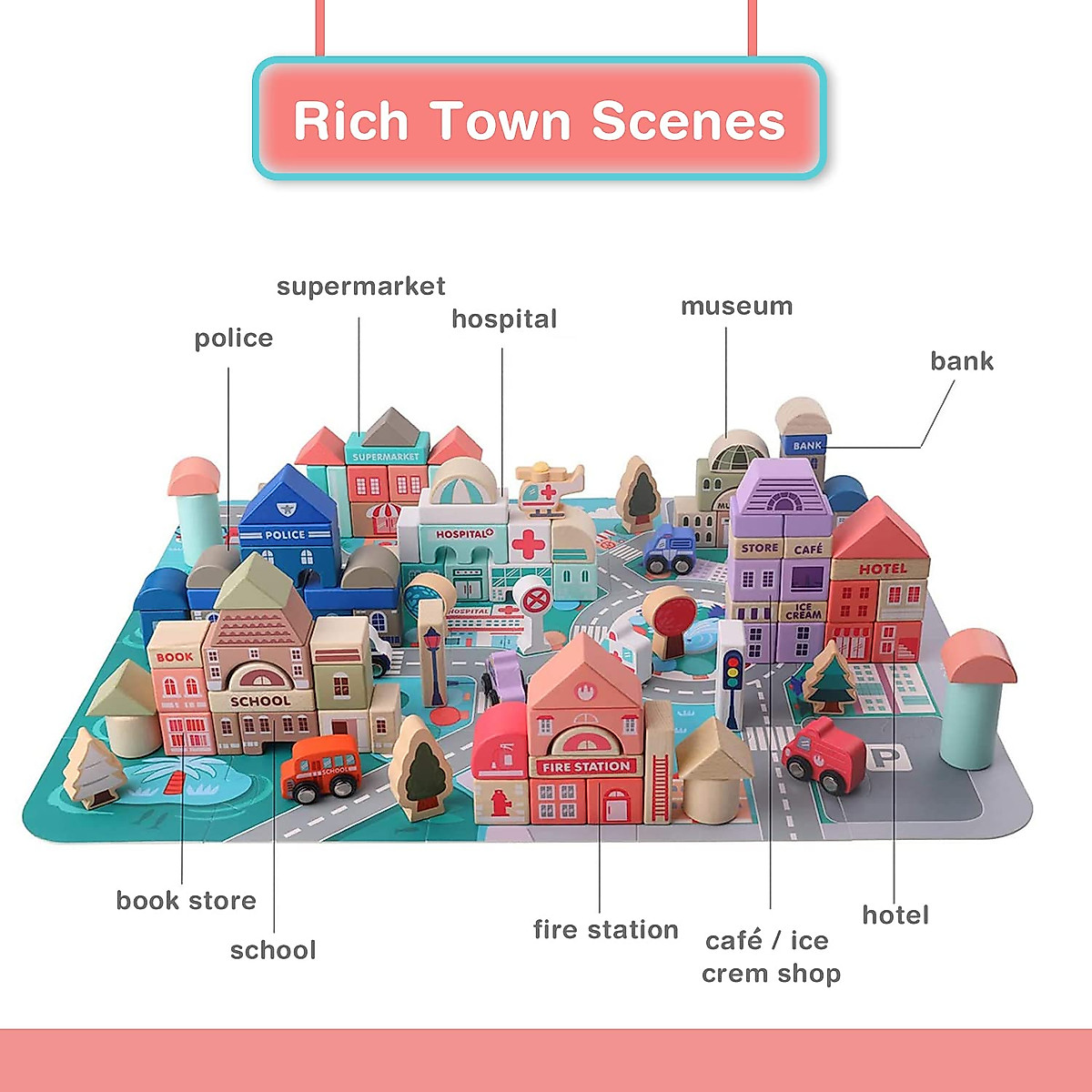 Xylolin Wooden Building Blocks Set, 115 Pieces City Construction Stacking Blocks Toys, Preschool Learning Educational Toys Boys Girls Age 3 4 5 6 Years Old