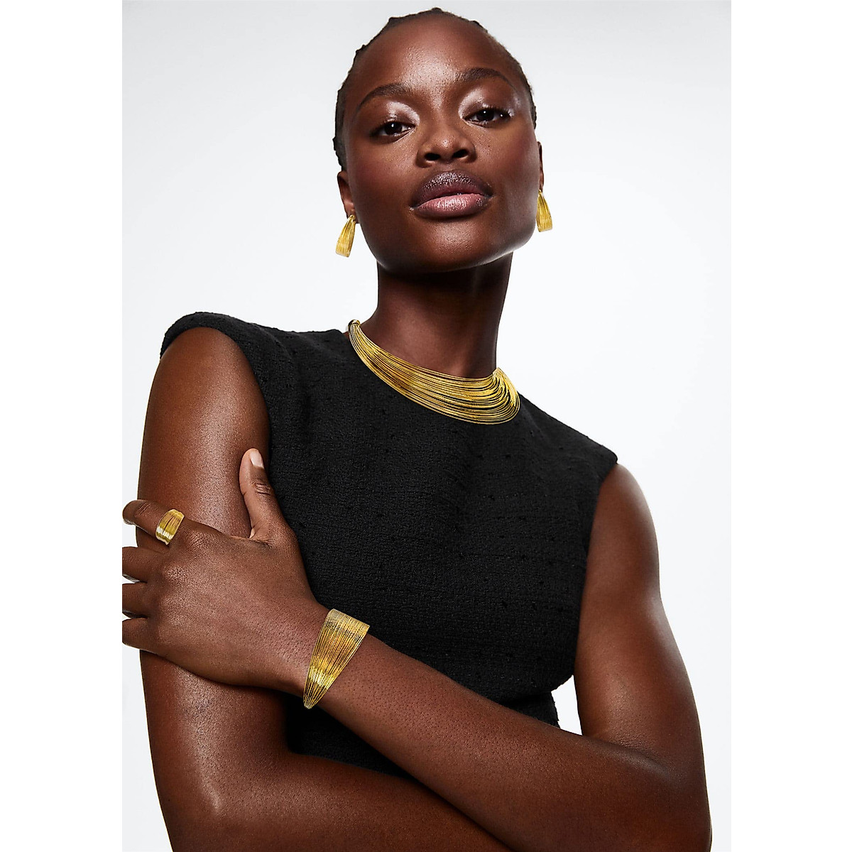 deladola African Choker Necklace Sets Multi-Layer Hoop Gold Plated Bib Choker Earring Bracelet Ring Statement Necklaces for Women (Gold)