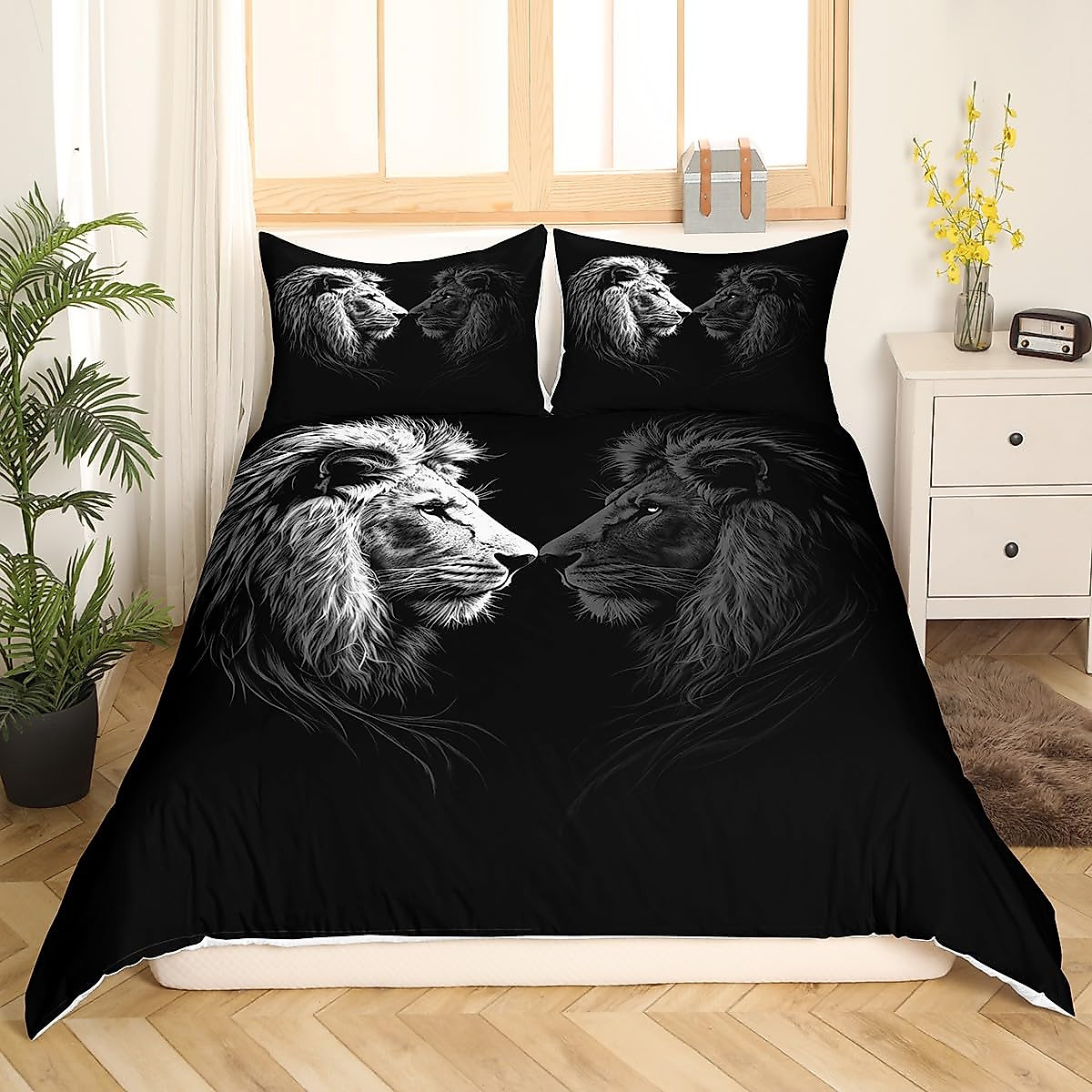 Castle Fairy Lion Bedding Set King, Wild Animal Print Duvet Cover for Bedroom Decorations, Lion Pattern Comforter Cover with 2 Pillow Shams, Soft Comfortable