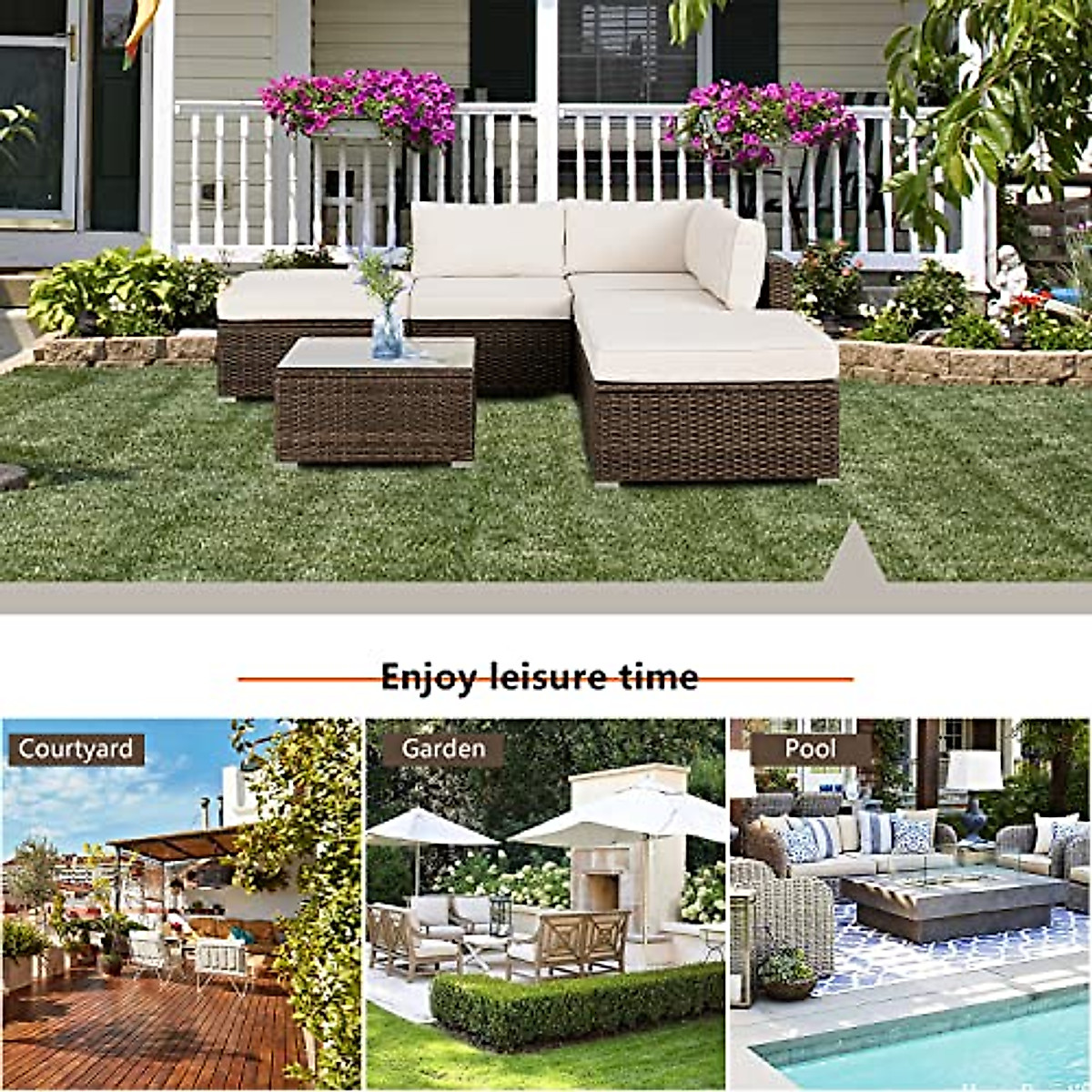 HOMPUS 6-Piece Outdoor Handwoven Sectional Sofa PE Rattan Wicker Couch Corner Conversation Set Furniture Brown Patio Sofa Set w Beige Seat Cushions, Glass Coffee Table for Garden,Yard,Pool