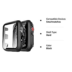 TAURI 2 Pack Hard Case Compatible for Apple Watch Series 3/2/1 42mm Built-in 9H Tempered Glass Screen Protector Slim Bumper Touch Sensitive Full Protective Cover Compatible for iWatch 42mm - Black