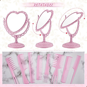 CHENGU Heart Shaped Mirror 8 Pieces Hair Styling Combs Double Sided Rotatable Dresser Heart Mirror Makeup Gifts for Girls Gift Vanity Tabletop(Pink)