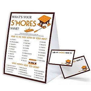 What's Your S'mores Name Game Sign with Name Tag Stickers for Baby Shower, Baby Shower Decorations, Birthday Party Game, Baby Shower Games Fun for Adults & Kids Family Class Office Activity PTWYN21