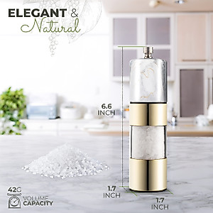 Peppermate Salt and Pepper Grinder - Easily Refillable Stainless Steel Pepper Mill Grinder with Real Marble Finish Top, Ceramic Blades, Adjustable Coarseness (White)