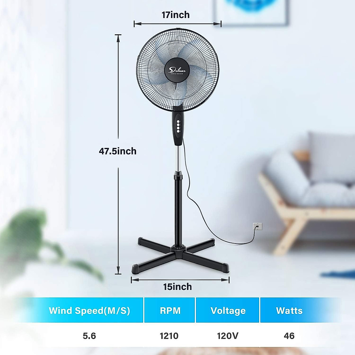 Simple Deluxe Oscillating 16″ 3 Adjustable Speed Pedestal Stand Fan for Indoor, Bedroom, Living Room, Home Office & College Dorm Use, 16 Inch, Black