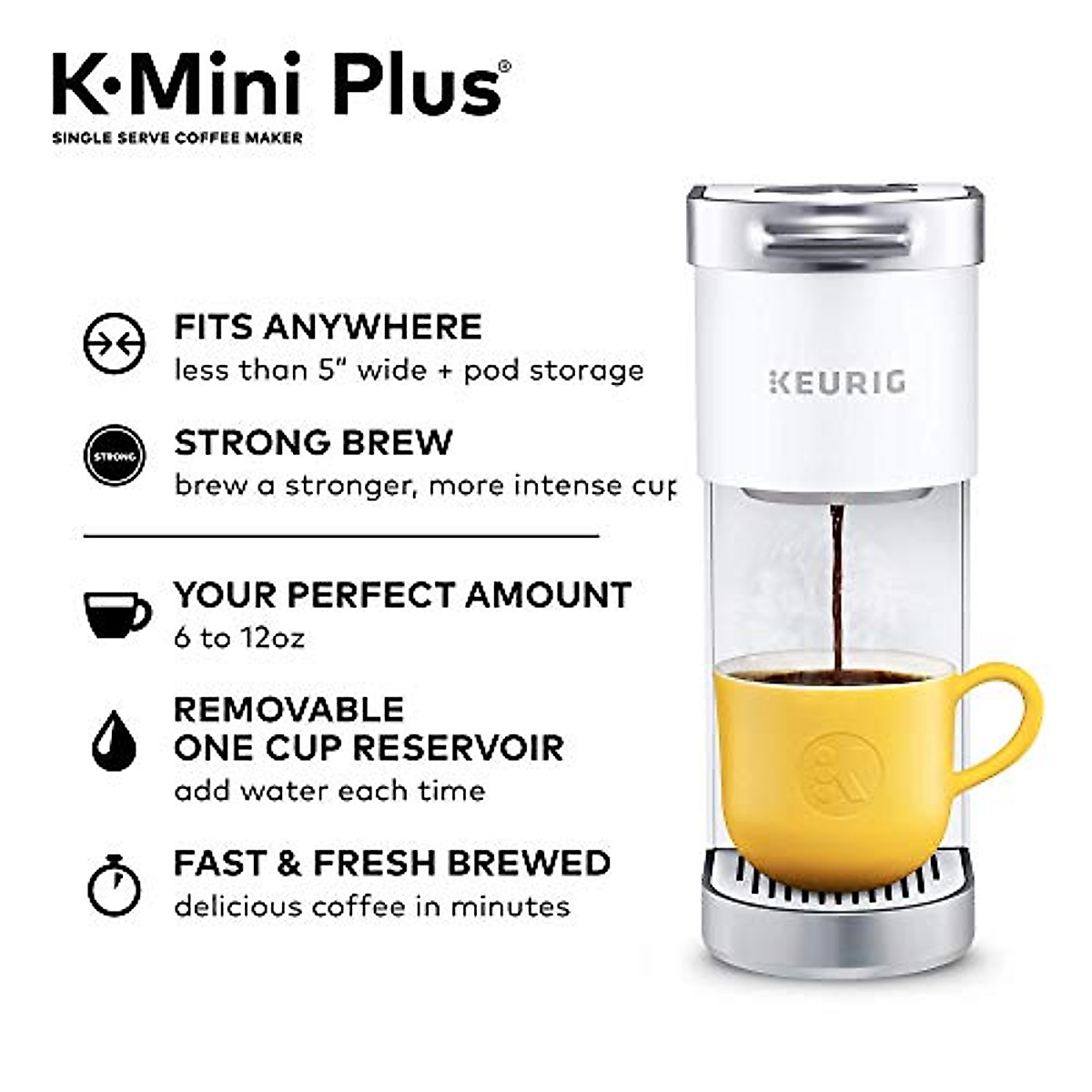 Keurig K-Mini Plus Coffee Maker, Single Serve K-Cup Pod Coffee Brewer, Comes With 6 to 12 oz. Brew Size, K-Cup Pod Storage, and Travel Mug Friendly, White (Renewed)