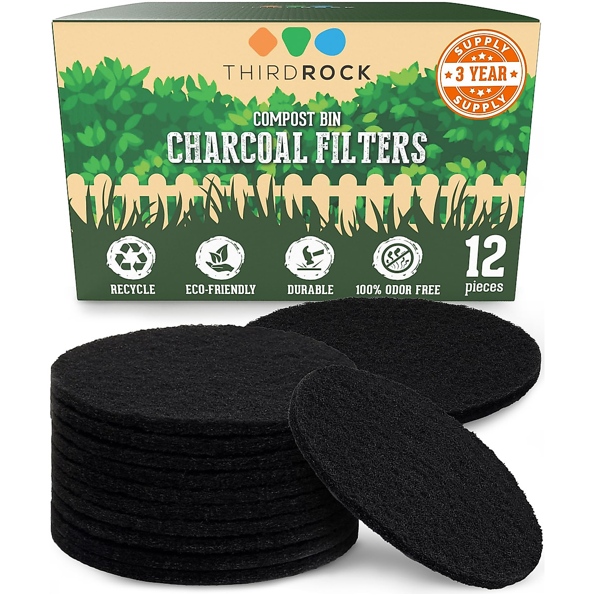 Third Rock Charcoal Filter Replacements for Kitchen Compost Bin - 12 Pack - 5.1 inches in Diameter | Designed to Fit 1 Gallon Third Rock Compost Bin | Premium Extra Thick Filters | 3 Years Supply