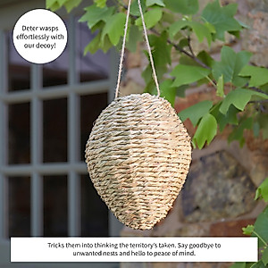 Evergreen Garden Wasp Nest Decoy | 10 inches Wasp Deterrent Outdoor Hanging | Fake Wasp Nests for Home, Patio, Garden | Made of Woven Reed and Rope