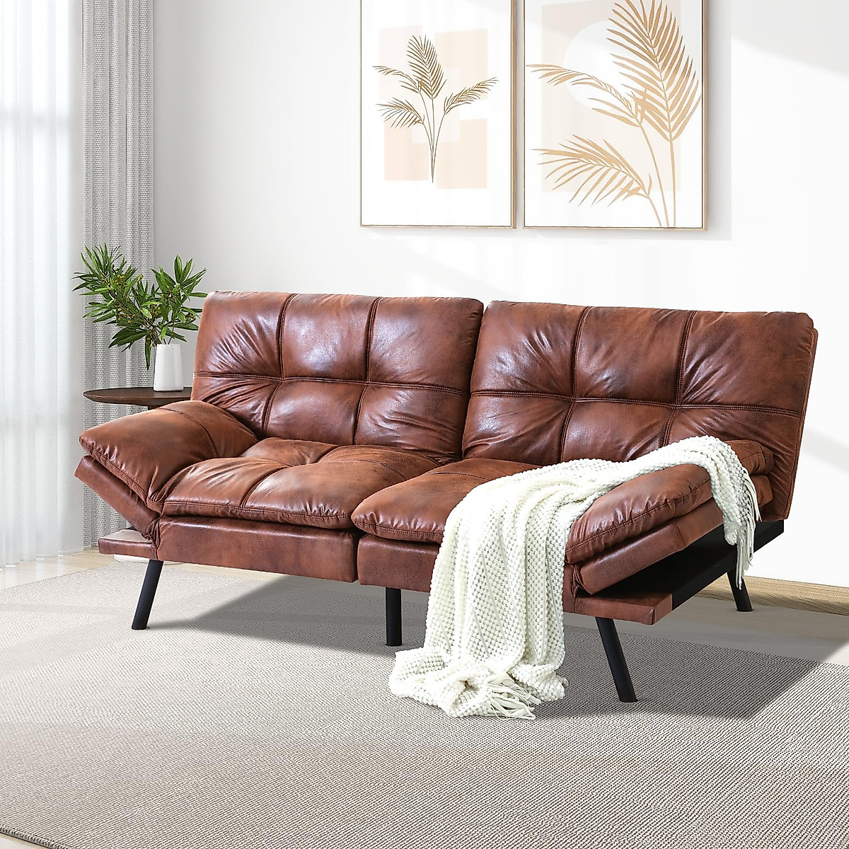 MUUEGM Futon Convertible Leather Futon Sofa Bed Couch,Memory Foam Futon Sofa Sleeper,Adjustable Armrest&Backrest Loveseat Sofa,Full Size Futon for Compact Living Spaces,Apartment,Office,Brown