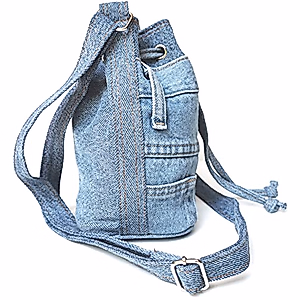 Bijoux De Ja Upcycling Blue Denim Jeans Small Drawstring Crossbody Bag Bucket Pouch Sac Shoulder Handbag Purse