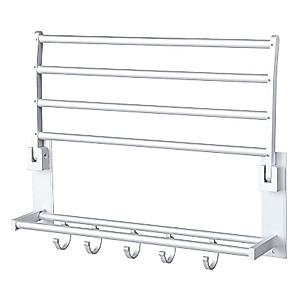 Double Layer Towel Rack, Bathroom Space Saving Towel Shelf, Wall Moted Towel Holder with Towel Hooks