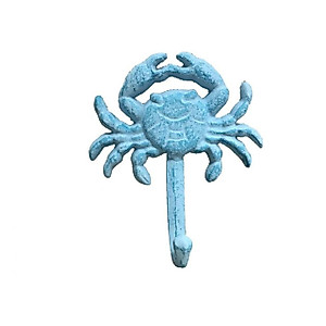 Hampton Nautical Whitewashed Cast Iron Crab Hook, 5", Rustic Light Blue