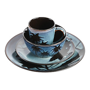 Gibson Elite Hand Painted Round Reactive Glaze Stoneware Dinnerware Set, Service for 4 (16pcs), Sunset Blue