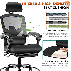 Sweetcrispy Office Computer Desk Chair, Ergonomic High-Back Mesh Rolling Work Swivel Chairs with Wheels, Comfortable Lumbar Support, Comfy Arms for Home, Bedroom, Study, Student, Black