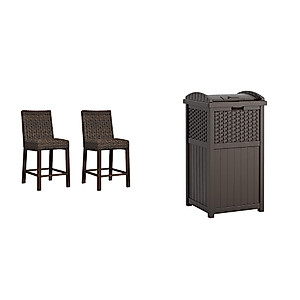 Signature Ashley Outdoor Wicker Barstools (2 Count) and Suncast 33 Gallon Resin Outdoor Trash Can