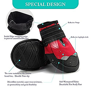 Dog Boots Waterproof Shoes for Dogs with Reflective Straps, Rugged Anti-Slip Soft Sole Dogs Paw Protector for Small Medium Large Dog (3#, Red)