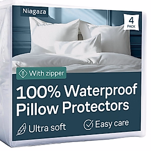 4 Pack Waterproof Pillow Protectors Standard 20x26 Inches Smooth Zipper Premium Encasement Covers Quiet Cases Set White 100% Liquid Protection