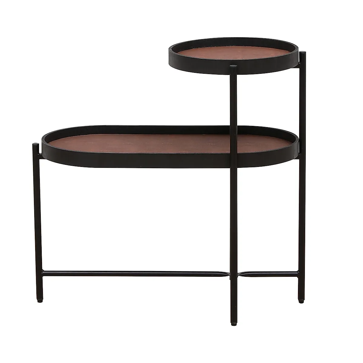 Modern 2-Tier Side Table Black Metal Frame with Wood & PU Tray End Tables Sofa Table for Living Room, Bedroom, Sofa Couch, Hall