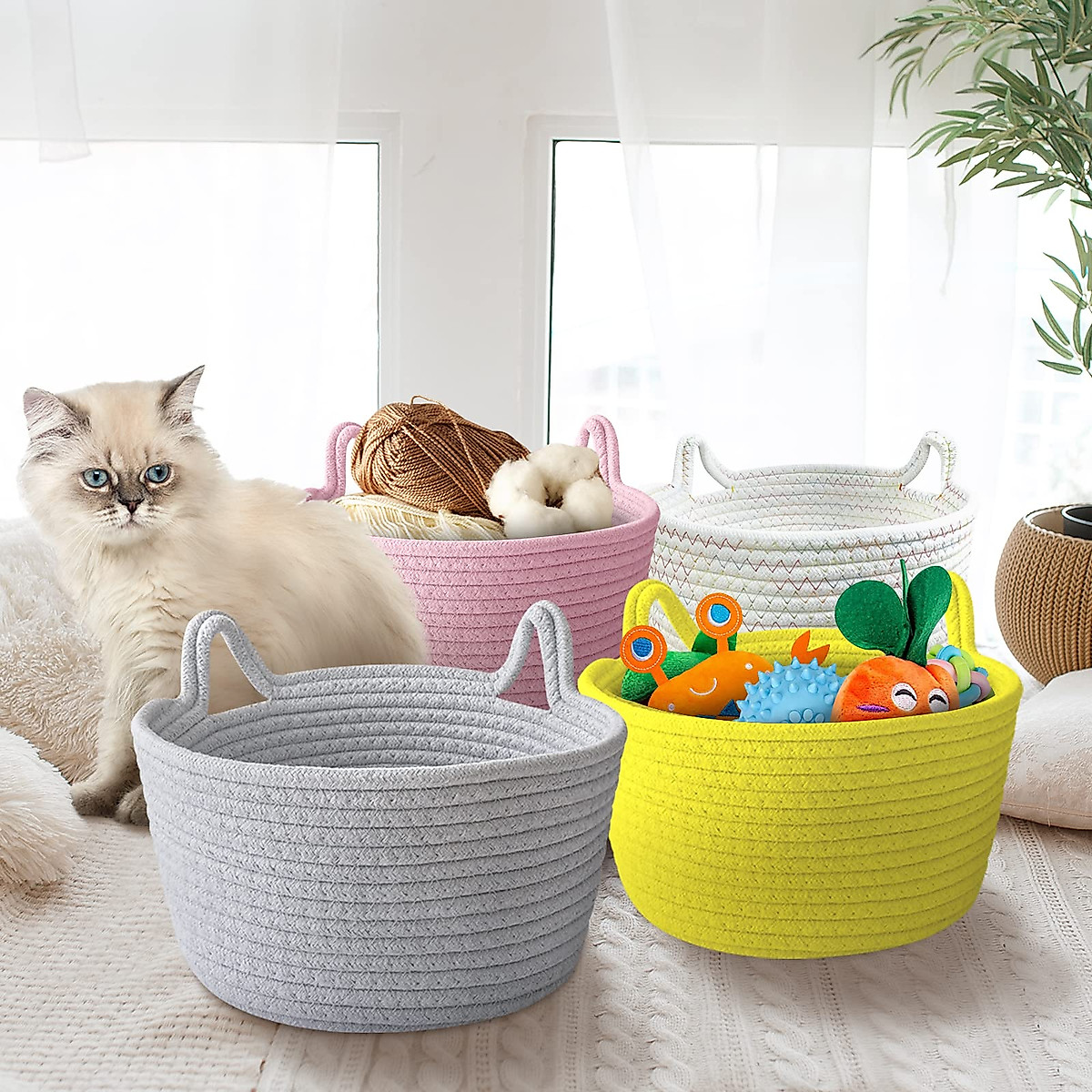 Cafshion Small Toy Basket with Cat Ears, Cute Basket Toy Organizer with Handles Woven Cotton Rope Basket Decorative Basket Nursery Bins & Boxes Gift Basket Empty for Baby Pet Toy Storage