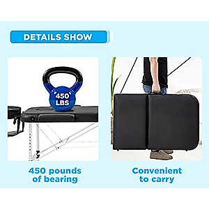 Massage Table Portable Massage Bed 3 Folding 73 Inch Height Adjustable Aluminium Salon Bed Carry Case Tattoo Table Facial Bed Hold Up to 450LBS (Black)