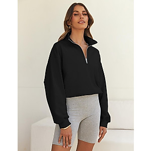 MEROKEETY Women's Quarter Zip Crop Sweatshirt Long Sleeve Stand Collar Drawstring Casual Pullover Top,Black,M