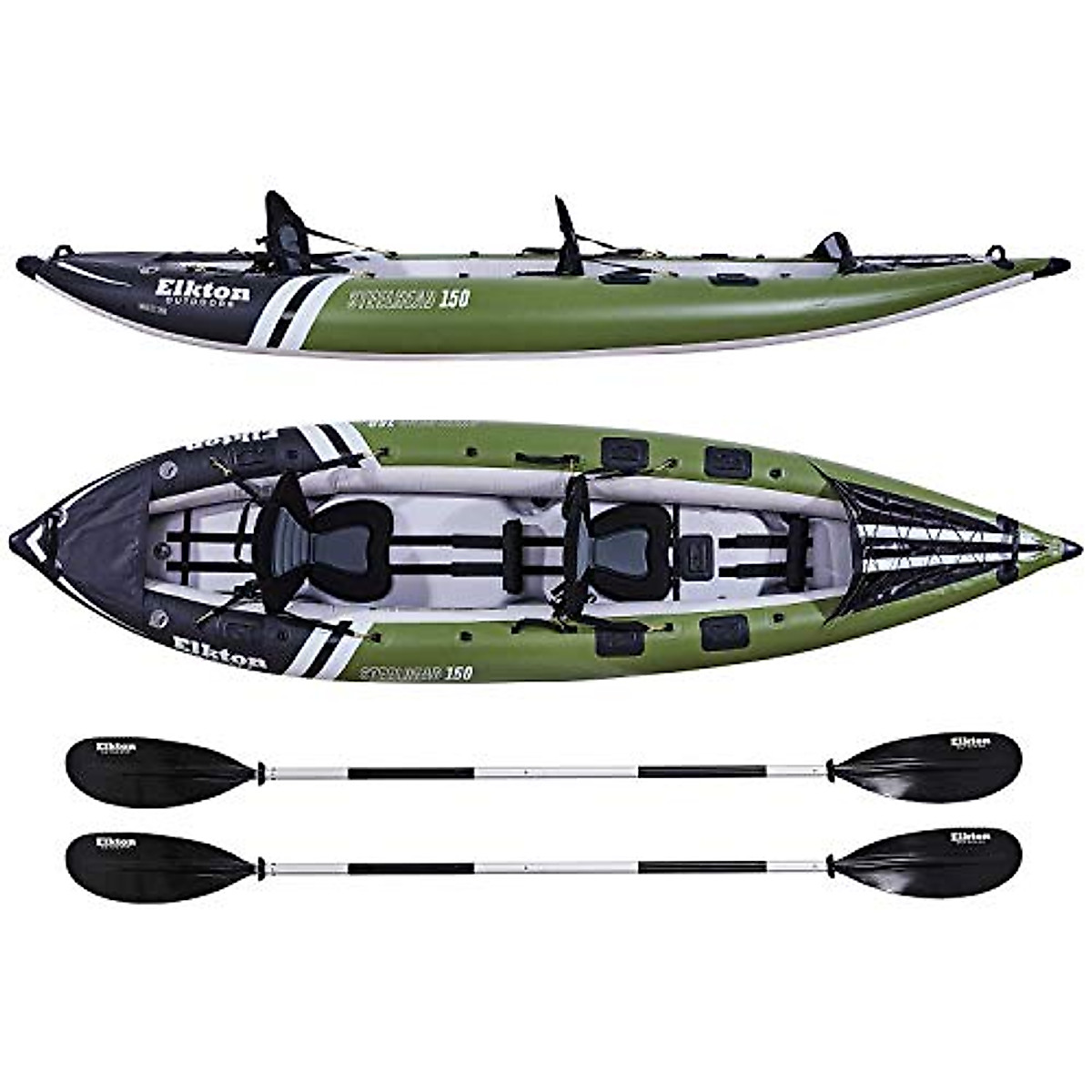 Elkton Outdoors Steelhead Inflatable Fishing Kayak Boat - 2 Person Angler Blow Up Tandem Kayak, Includes Paddles, Seats, Hard Mounting Points, Bungee Storage, Rigid Dropstitch Floor and Spray Guard