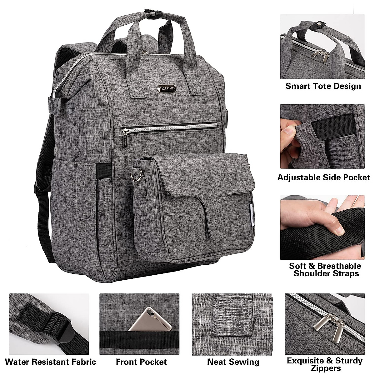 HXLGMD 15.6 Inch Laptop Backpack for Women Men 2 PCS Set Convertible Travel Work Backpack Professional Teacher Nurse Bag Daypack Purse with USB Port for Business College -Grey