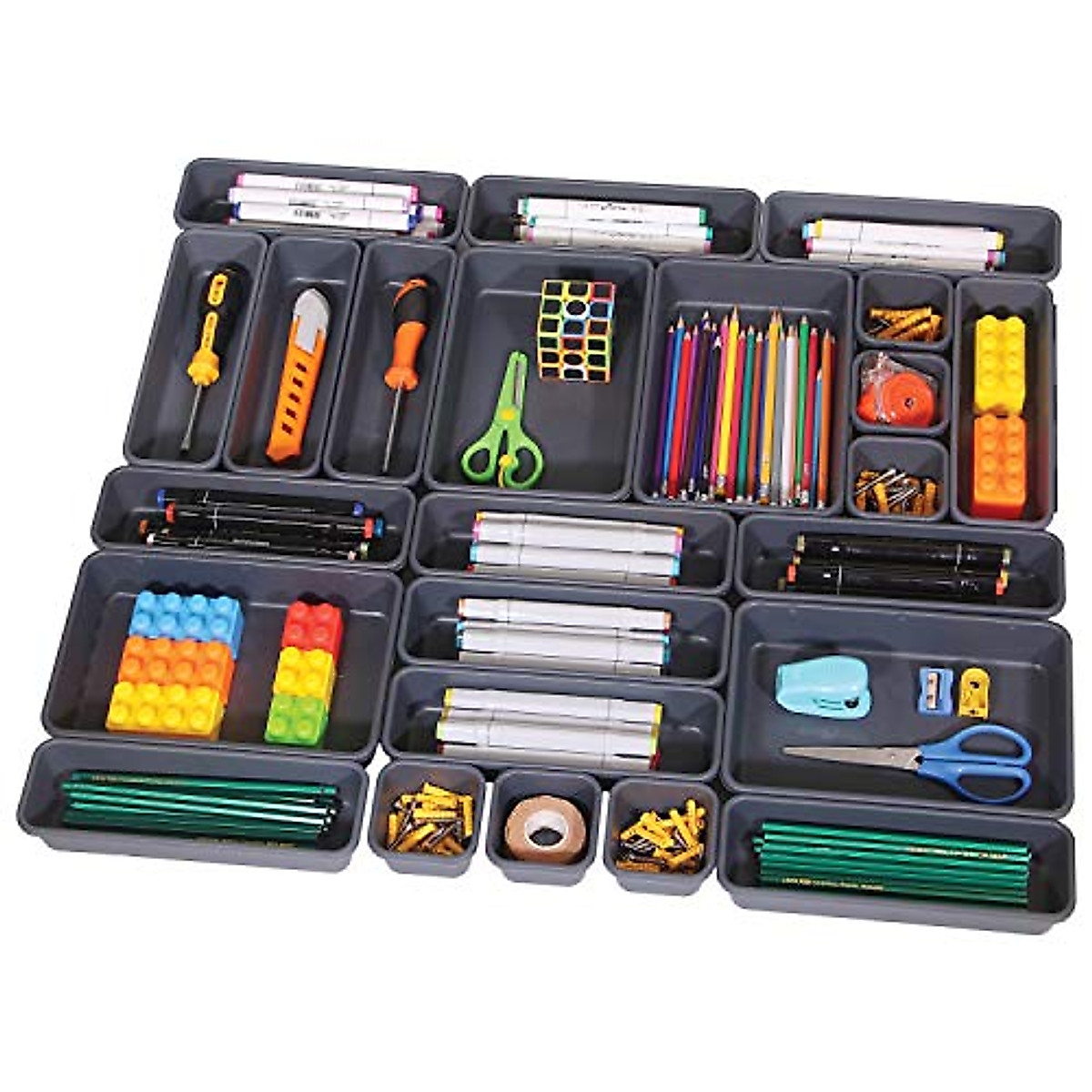 Set of 24 Interlocking Desk Drawer Organizer Tray Dividers Plastic Shallow Narrow Drawers Organizers Separators Storage Bins Container for Kitchen Bathroom Makeup Office Vanity Bedroom Dresser