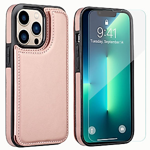 JOYAKI Wallet Case Compatible with iPhone 13 Pro Max,Slim Protective case with Card Holder,PU Leather Kickstand Card Slots Case with a Free Screen Protective Glass for iPhone 13 Promax(6.7")-Rose Gold